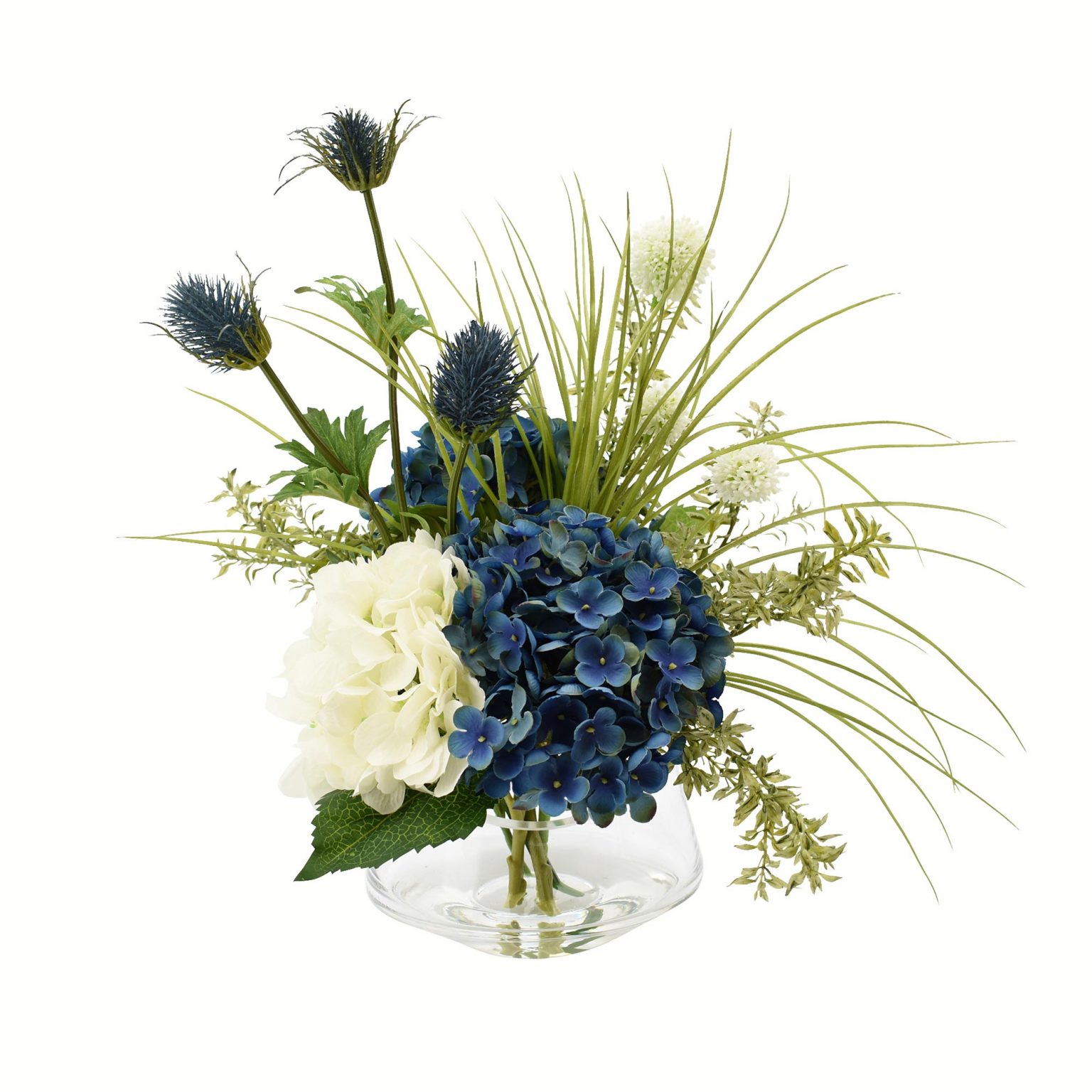 Hydrangea, Blue Thistle, Allium and Tea Leaves in a Glass Vase ...