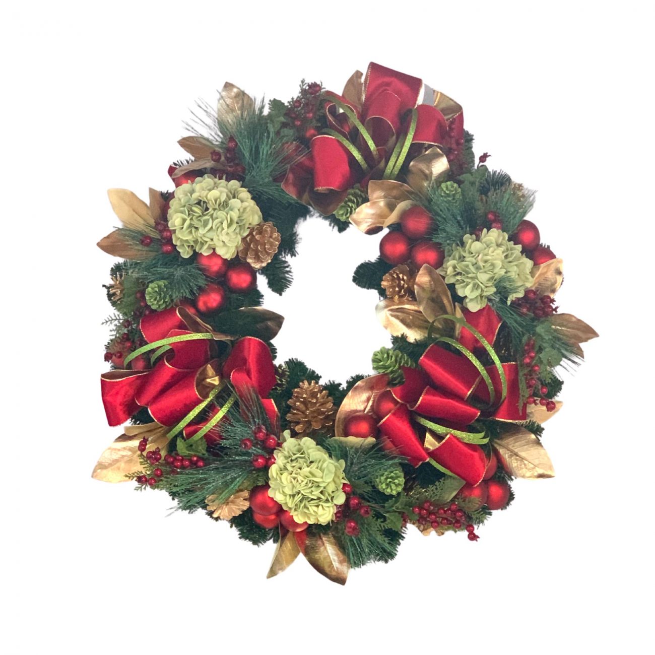32″ Holiday Wreath with Hydrangea, Ornaments and Bows – Creative ...